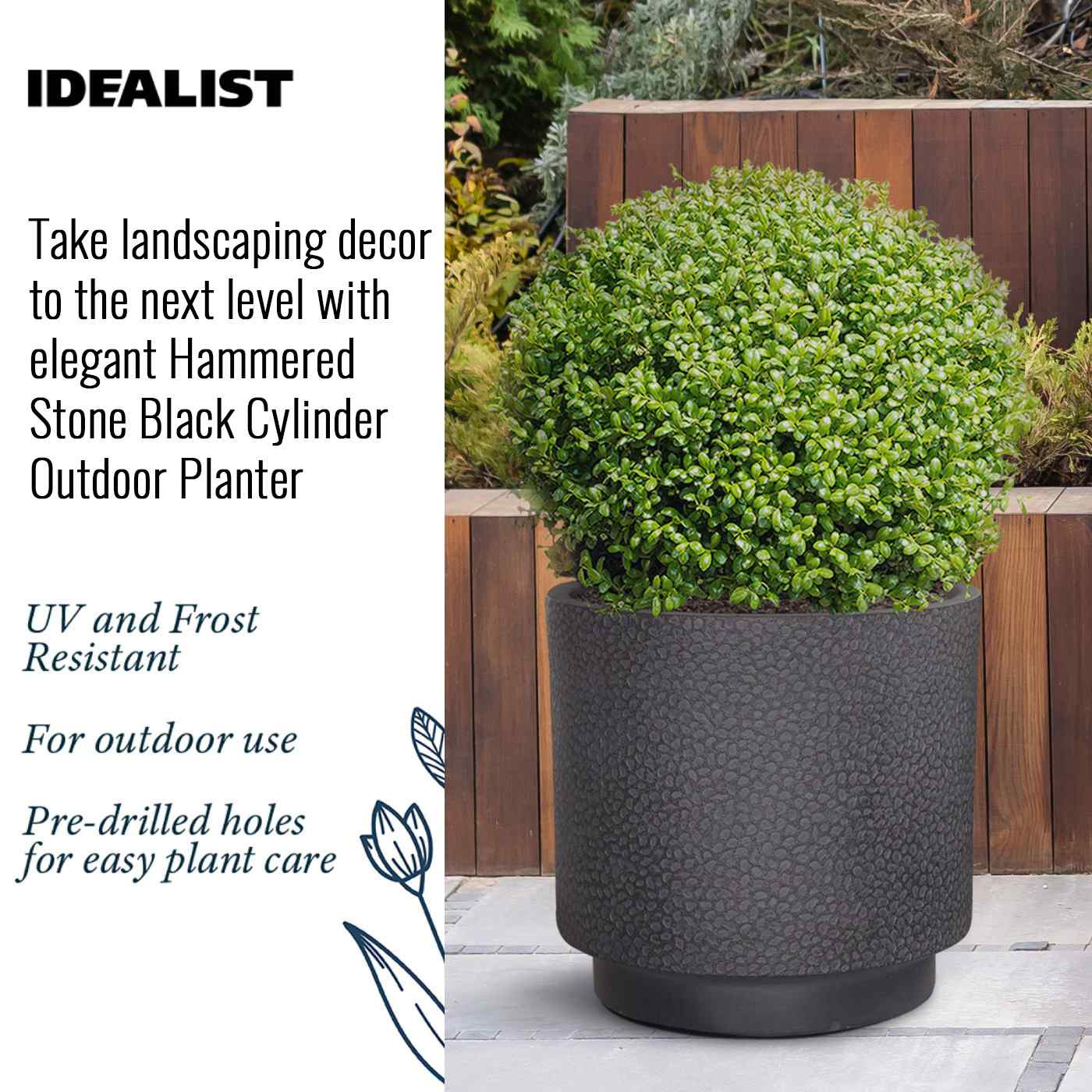 IDEALIST Lite Hammered Stone Black Cylinder Outdoor Planter D45 H45 cm ...